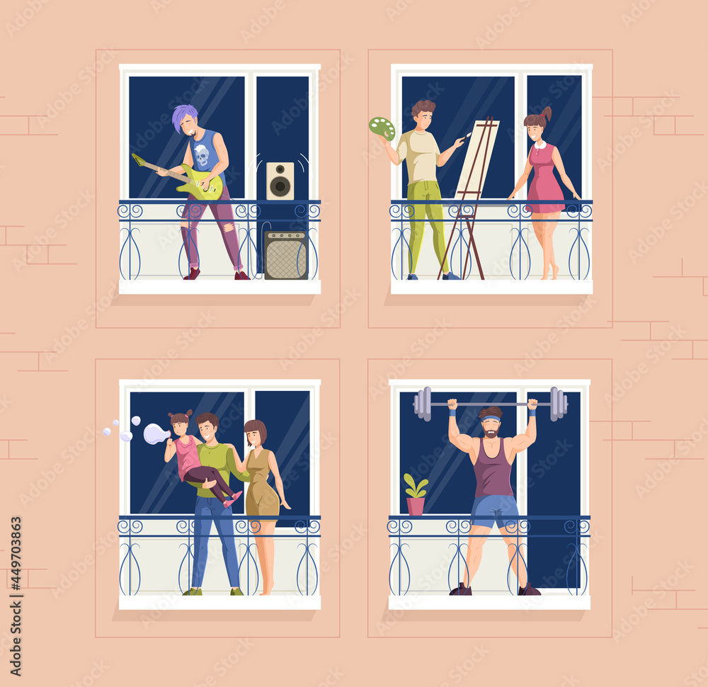 People spending time on balcony or looking at window. Neighbor person ...