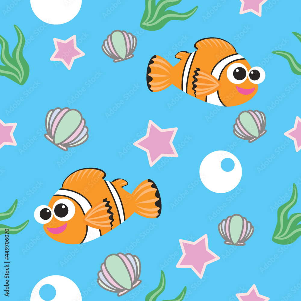 Smiling Nemo fish seamless pattern, shellfish, sea fish, seaweed on ...