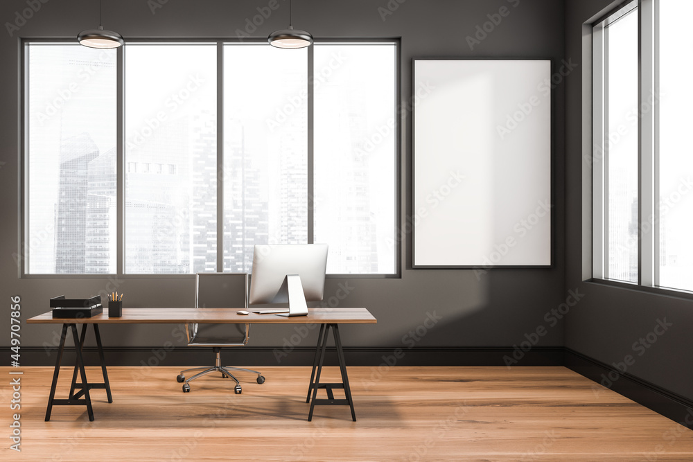 Office room interior with white empty poster and panoramic window Stock ...
