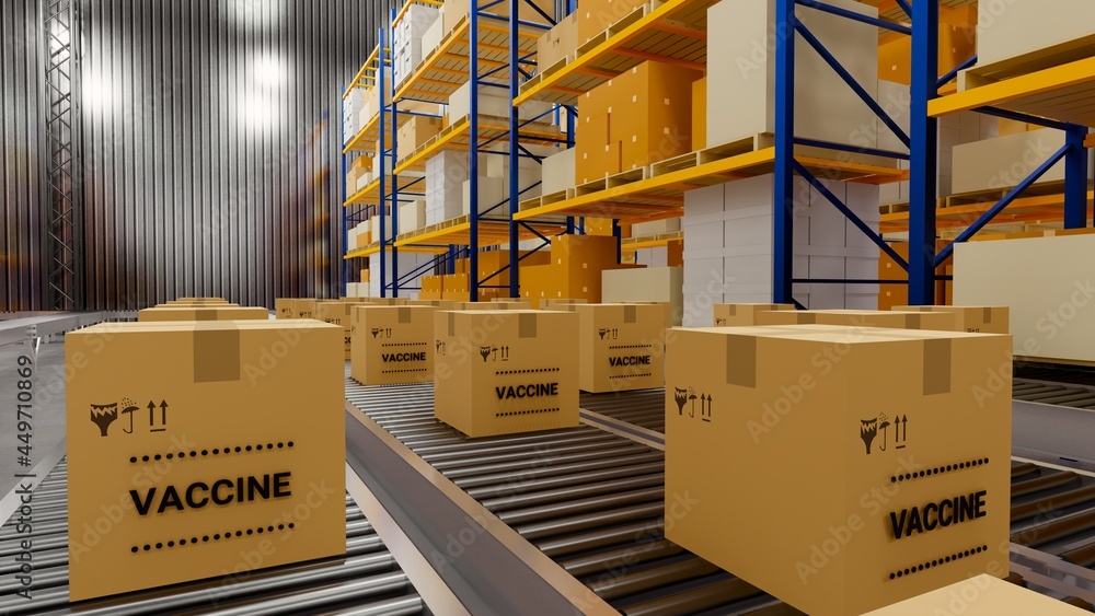 Vaccine bottles on the production line. Coronavirus Warehouse with ...