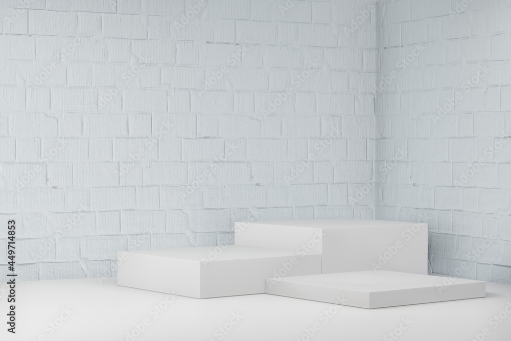 Display product stand, Three white block podium on white paint bricks ...