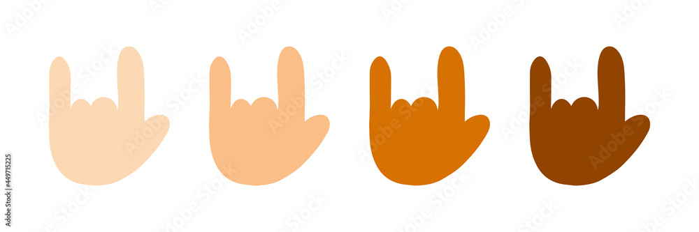 Set, collection of cute cartoon style human hands with different skin ...