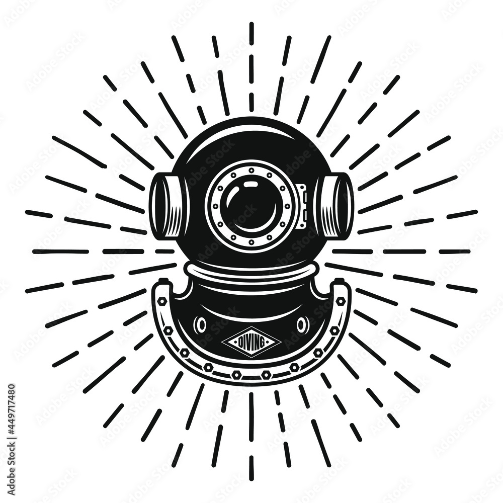 Diving helmet in vintage style with rays vector illustration isolated ...