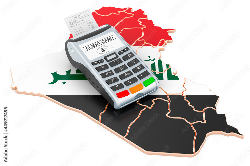 Iraqi map with POS terminal. Cashless payments in Iraq concept. 3D ...