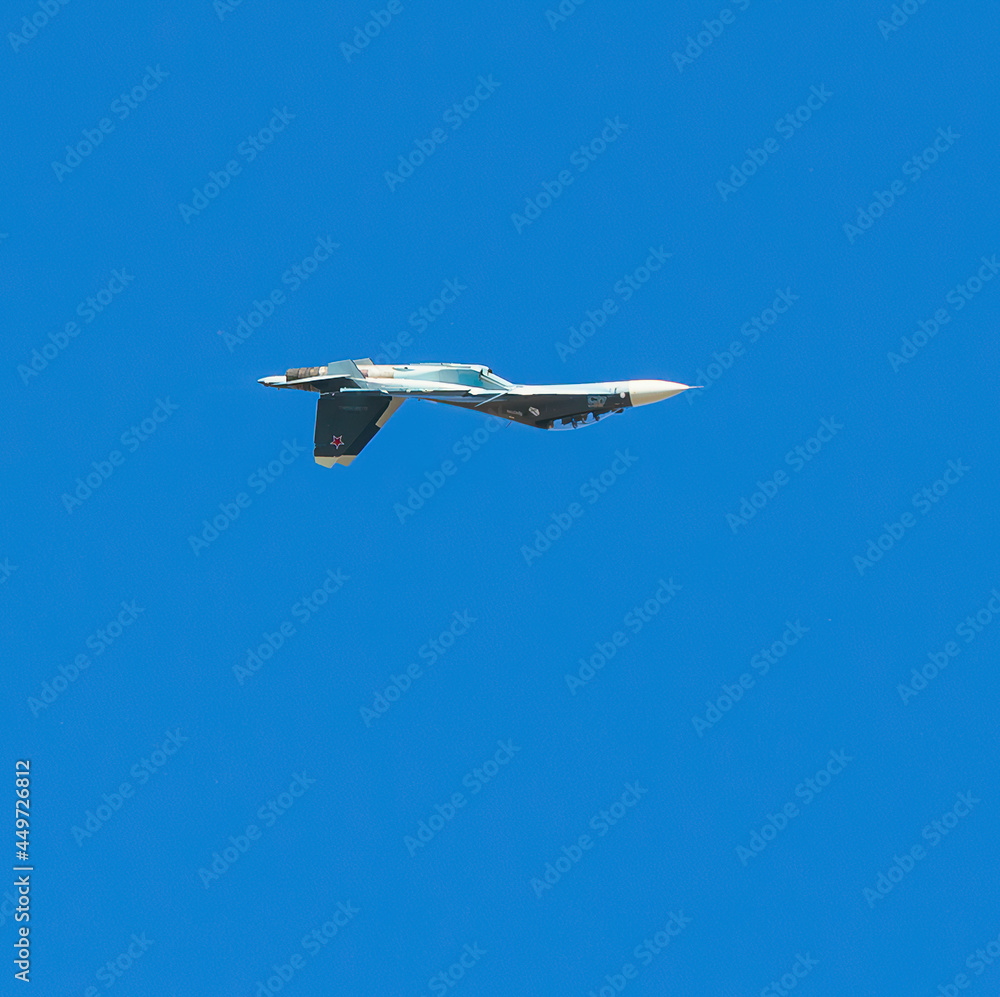 ZHUKOVSKY, RUSSIA - JULY 22, 2021: Sukhoi Su-30SM generation 4++ multi-role fighter, NATO ...