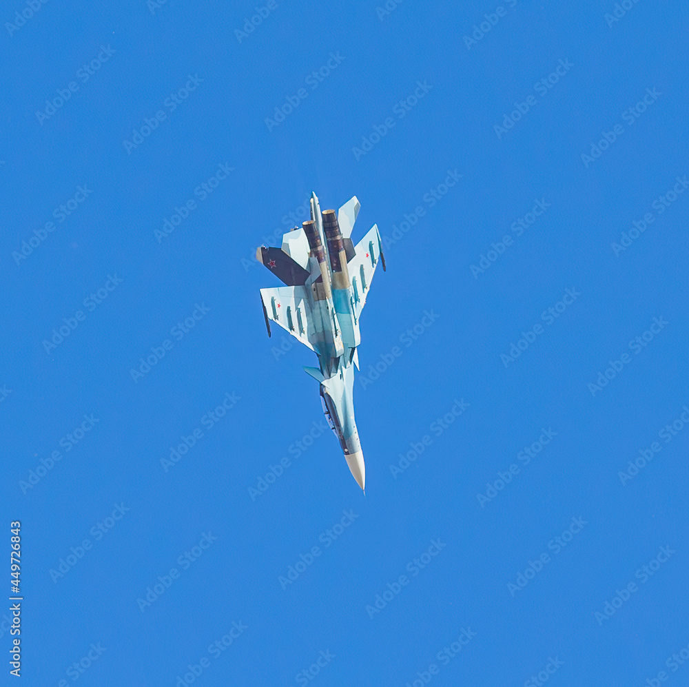 ZHUKOVSKY, RUSSIA - JULY 22, 2021: Sukhoi Su-30SM generation 4++ multi-role fighter, NATO ...