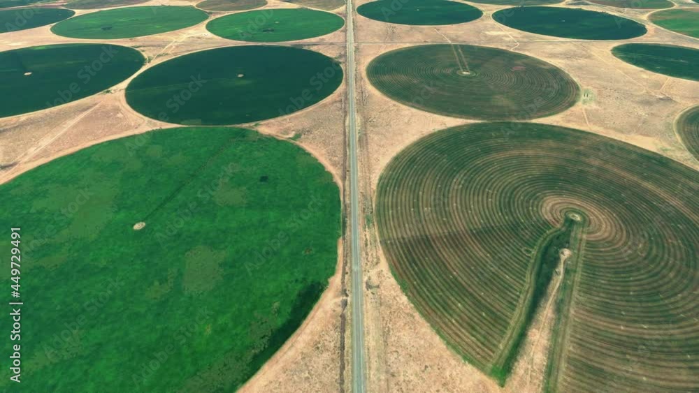 Aerial view of center-pivot-irrigation also called water wheel and ...