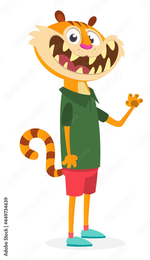 Cartoon funny and happy tiger wearing modern fancy style clothes ...