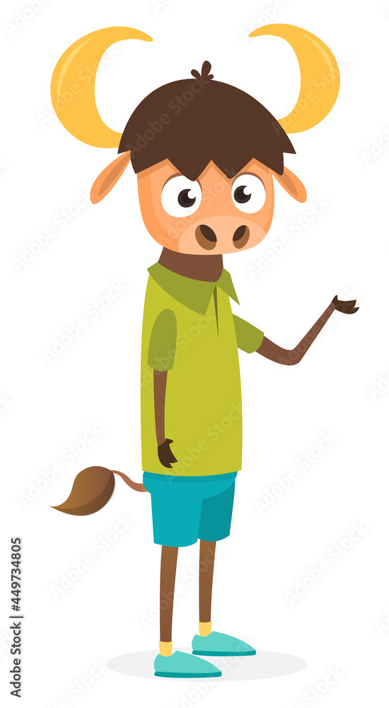 Cartoon funny and happy bul or buffalo wearing modern fancy style ...