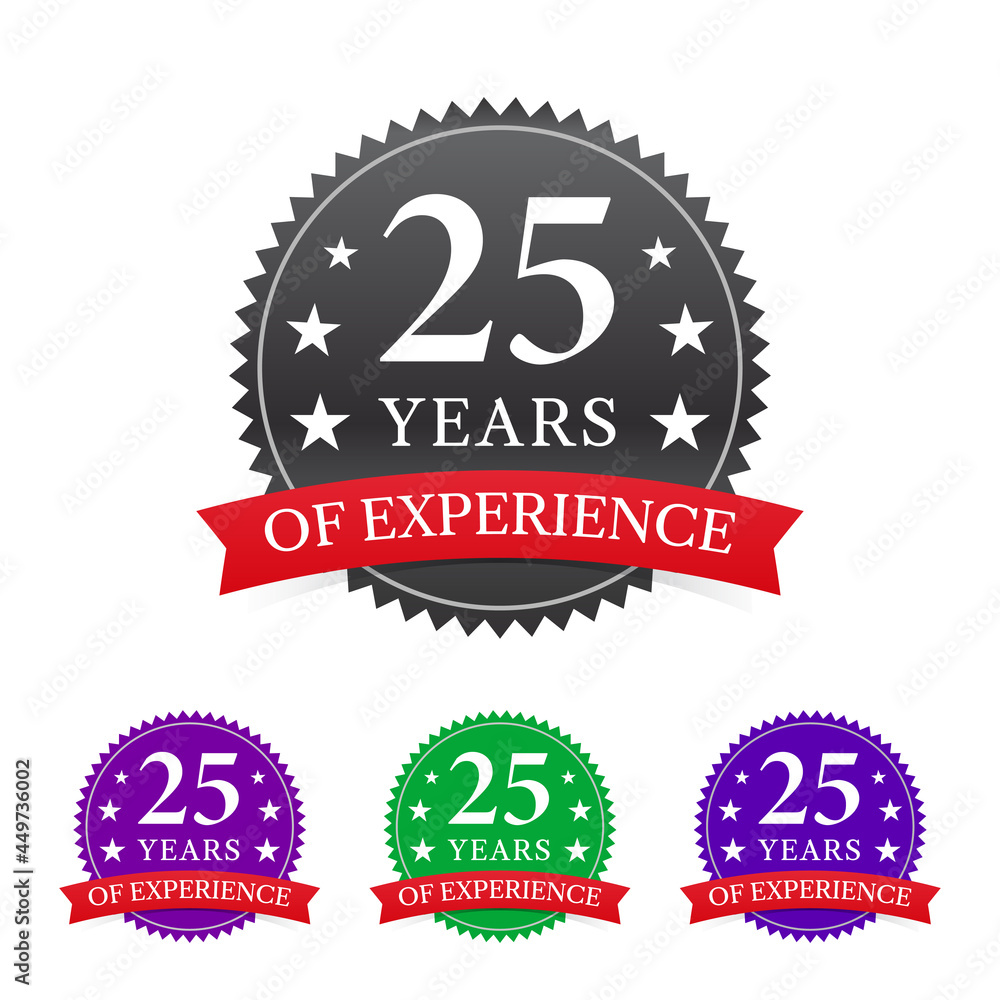 25 years of experience badge, label, icon, symbol with red color ribbon ...