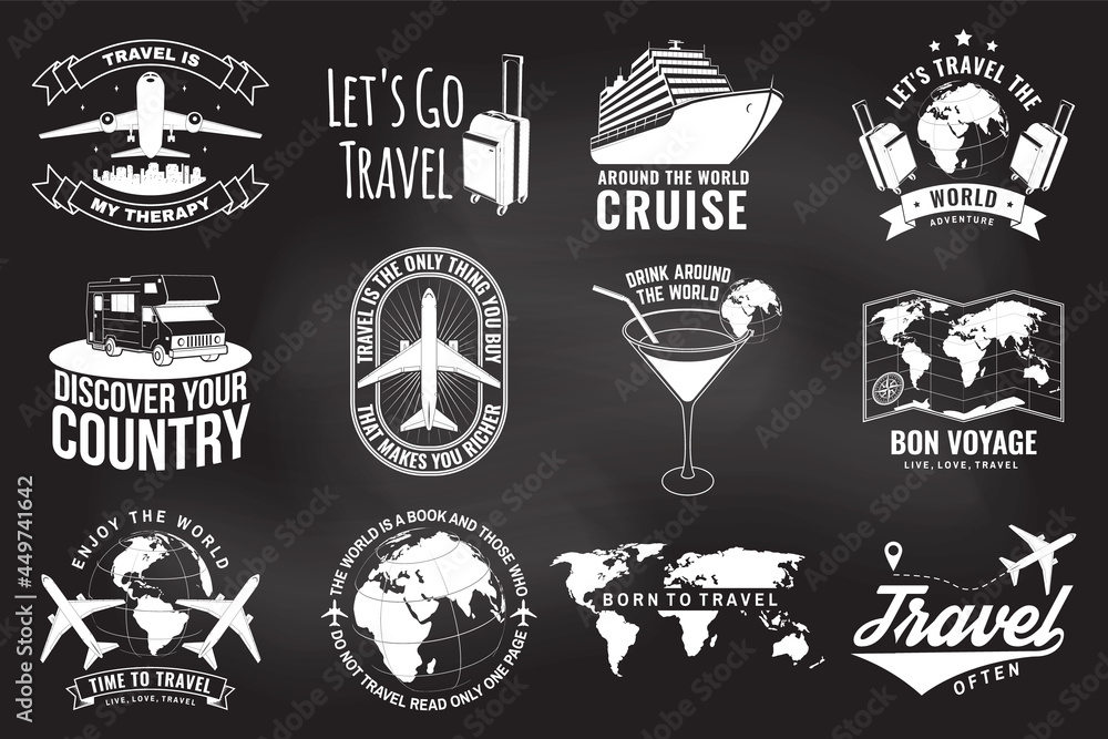 Set of travel badge, logo with design element on the chalkboard. Travel ...