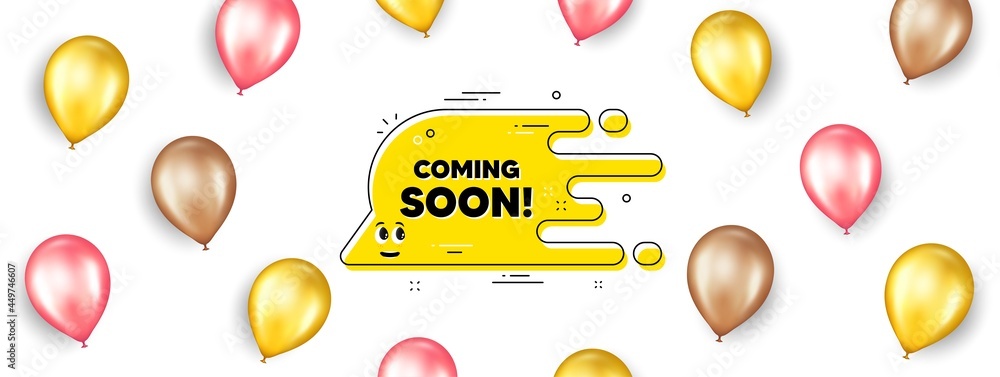 Coming soon transition bubble. Promotion ad banner with 3d balloons ...