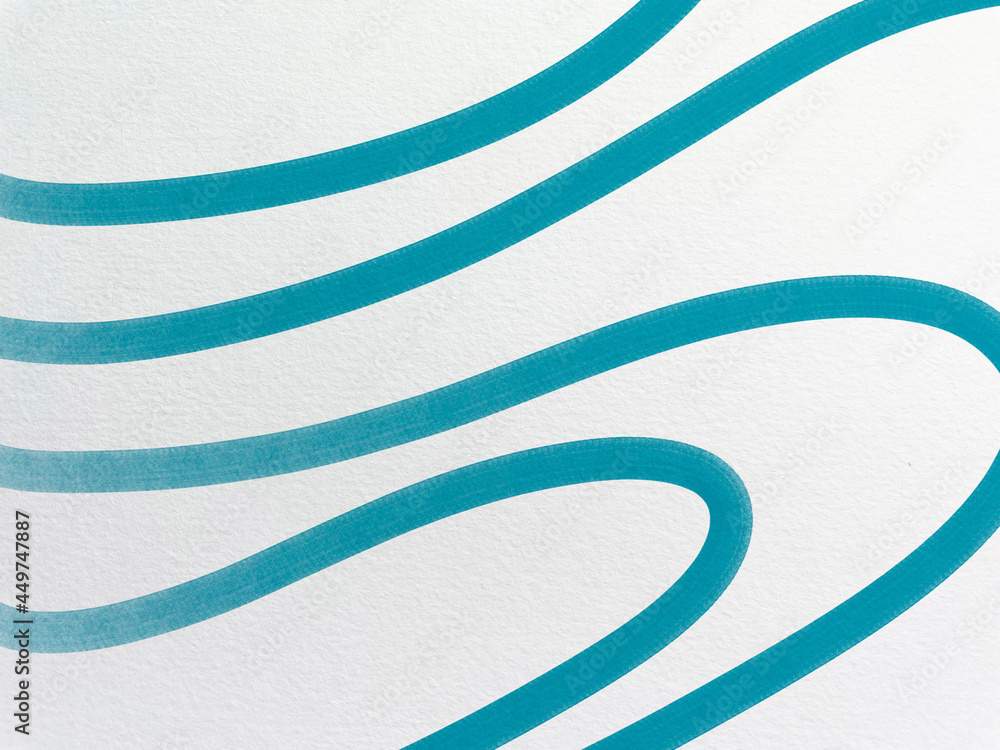 turquoise blue paint curvy lines on white paper textured background ...