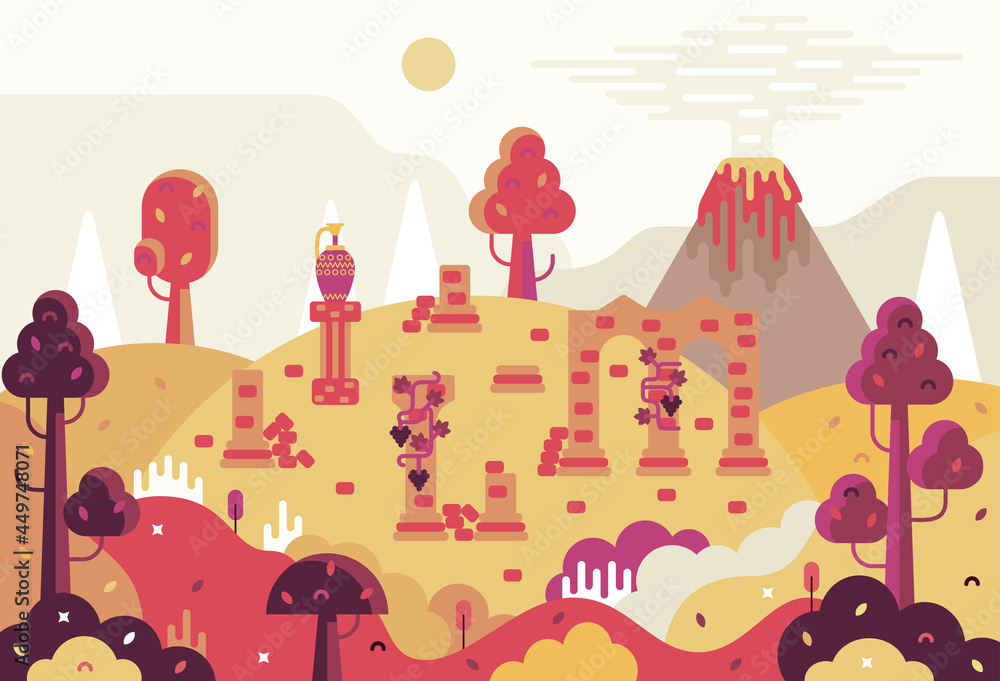 Ruins of an ancient city, destruction after a volcanic eruption. Vector ...