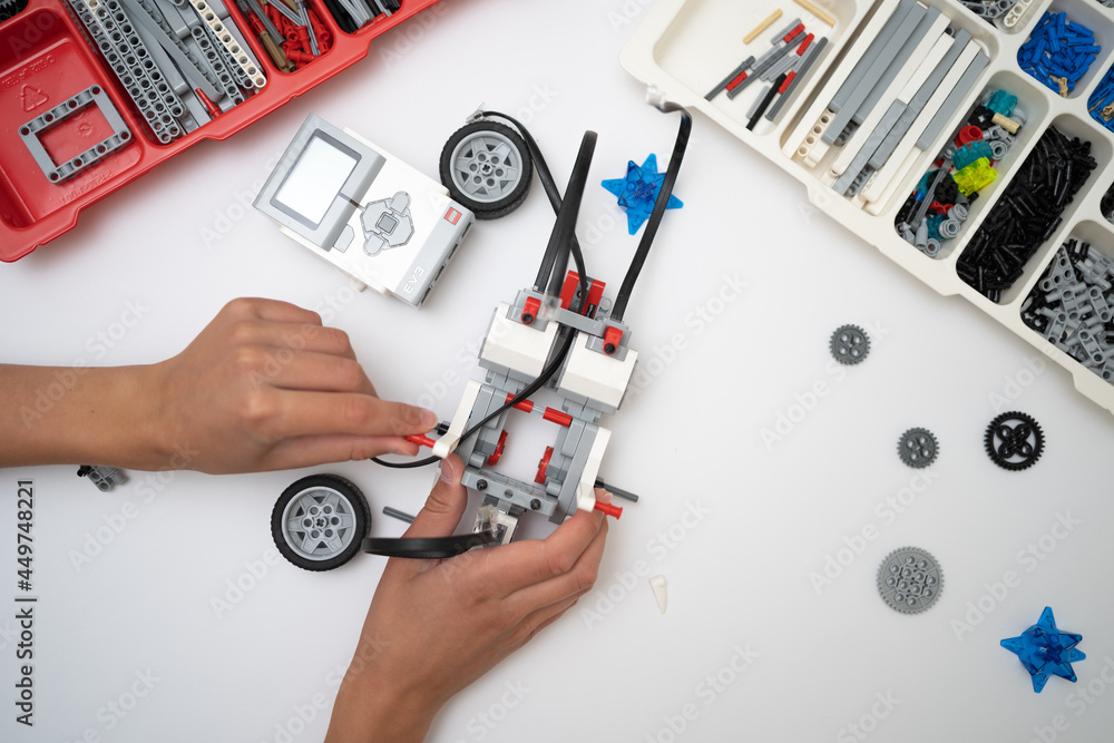 Minsk, Belarus. August, 2021. Robotic car. Robot Lego Mindstorms EV3 ...