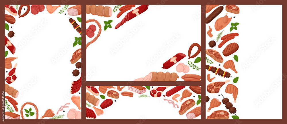 A set of frames with meat products. Raw, grilled meat, chicken ...