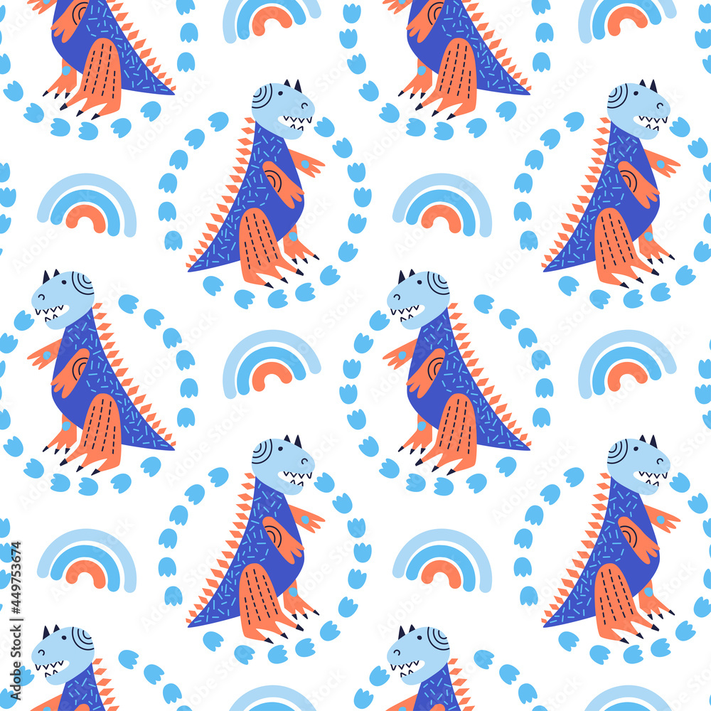 Vector illustration of seamless pattern with dinosaur. Blue and orange ...