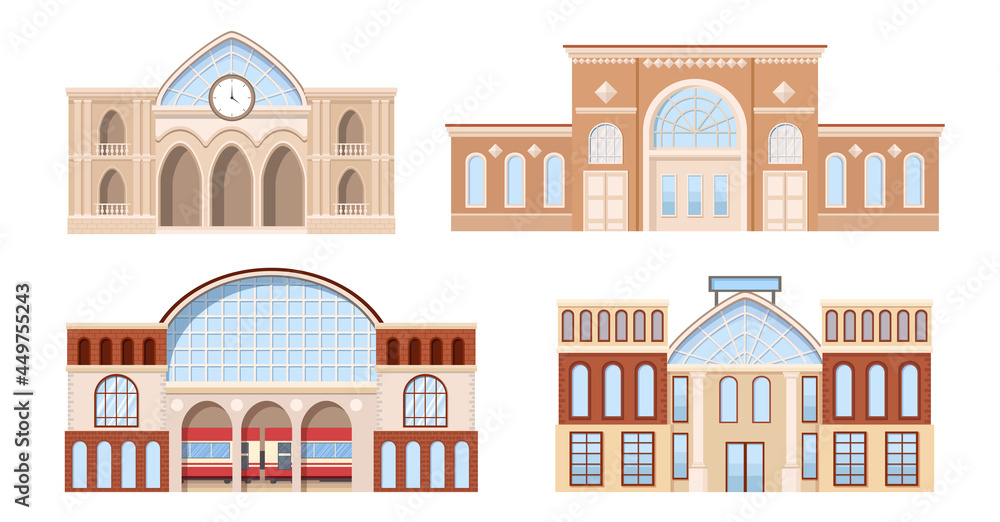 Set of Railway Stations Building Facade Modern Design with Train on ...