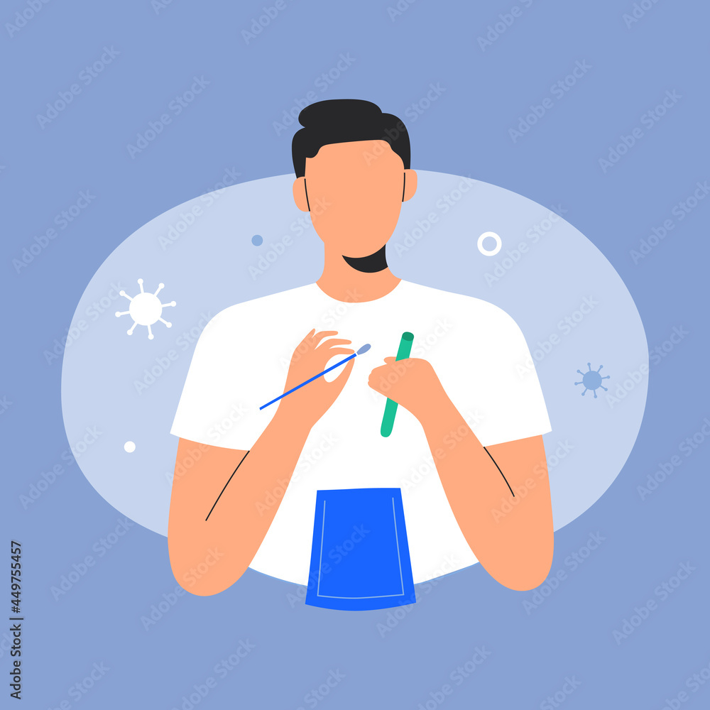 Rapid PCR test for covid at home, young man collecting specimen with ...