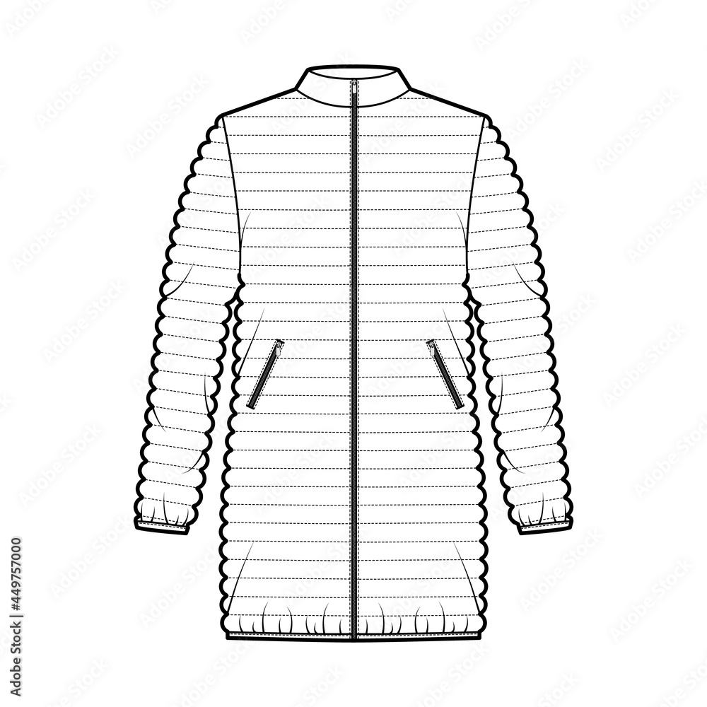 Down puffer coat jacket technical fashion illustration with long ...