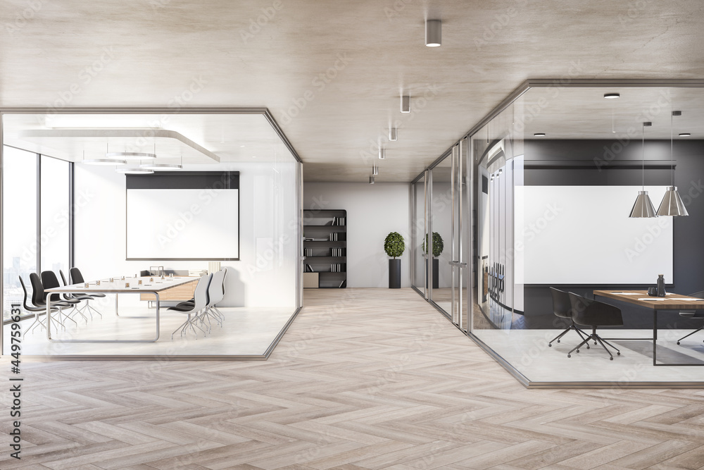 Modern glass conference room interior with furniture, equipment, empty ...