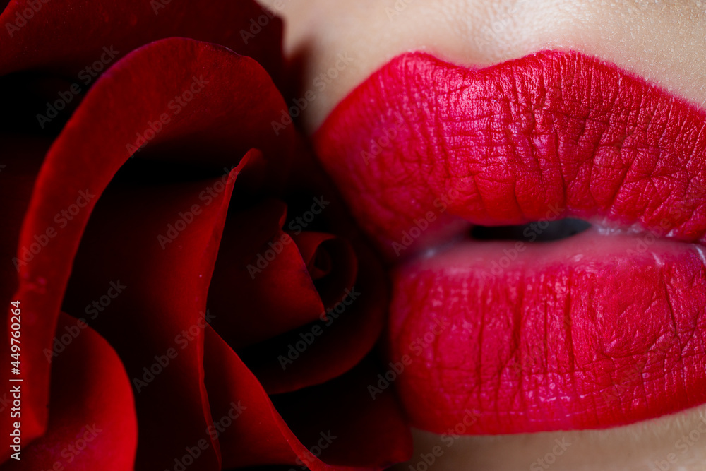 Beautiful red lips close-up. Classic red lips with sexy smirk. Textured ...