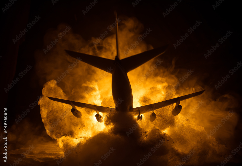 Air Crash. Burning falling plane. The plane crashed to the ground ...