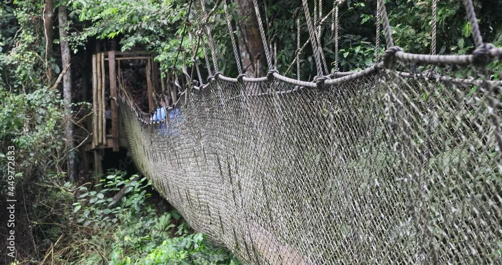 Woman cross Rope suspension bridge rainforest Cape Coast Ghana Africa ...
