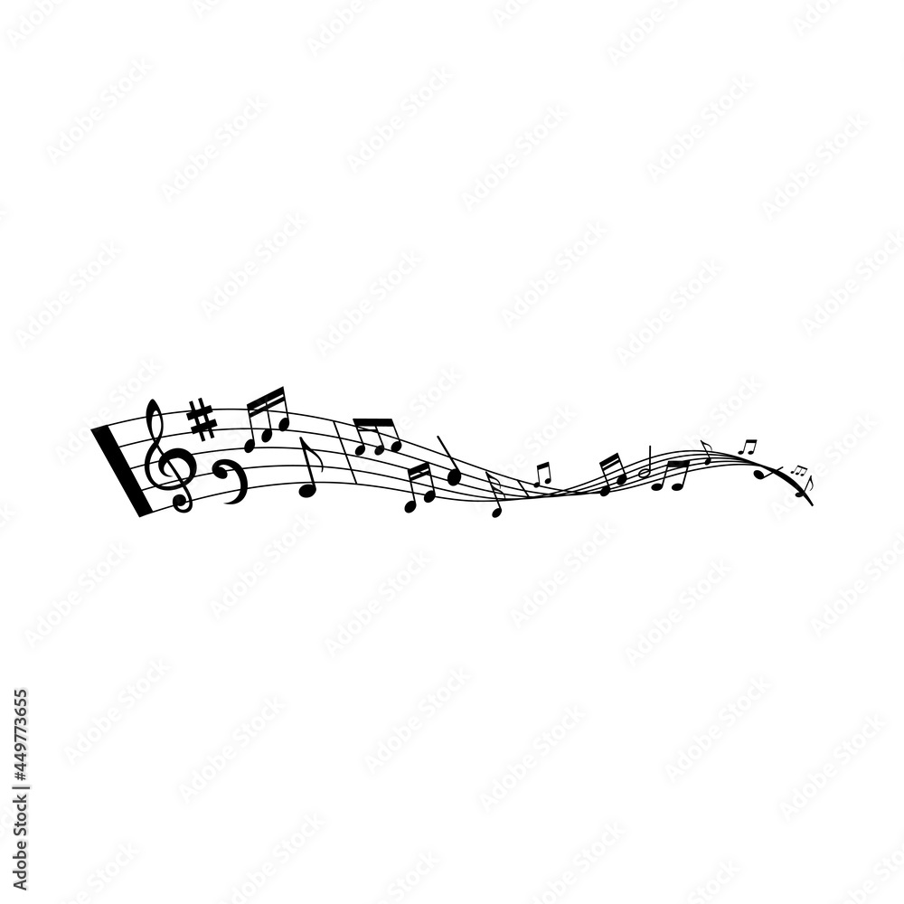 Music wave with vector musical notes of song or melody. Swirling stave ...
