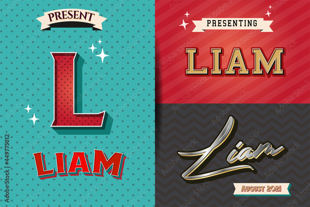 name Liam in various Retro graphic design elements, set of vector Retro ...