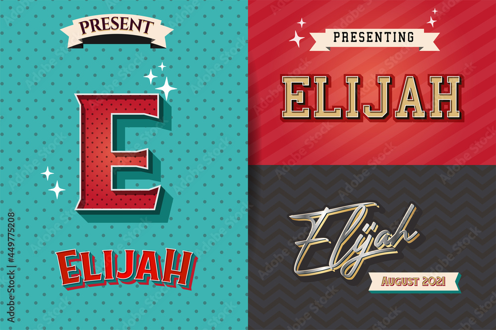 name Elijah in various Retro graphic design elements, set of vector ...
