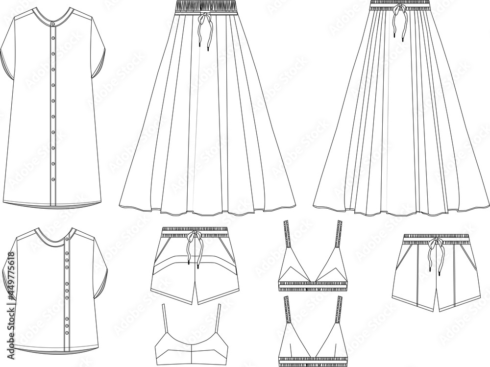 july set of technical fashion drawing in illustrator. fabulous, sport ...