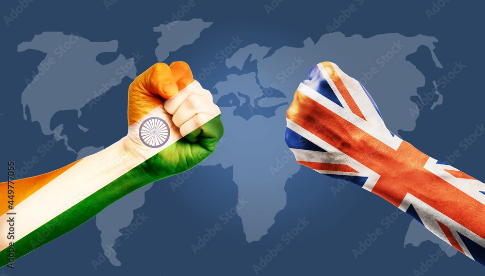 United Kingdom vs INDIA concept, hands painted India flag and United ...