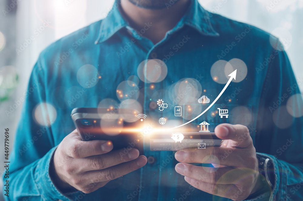 Man using mobile online banking and make payment, Business people using ...