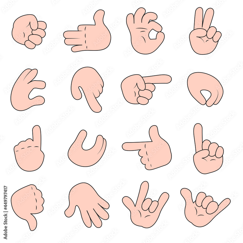 Cartoon hands set in different gestures. Hands show signs. Different ...