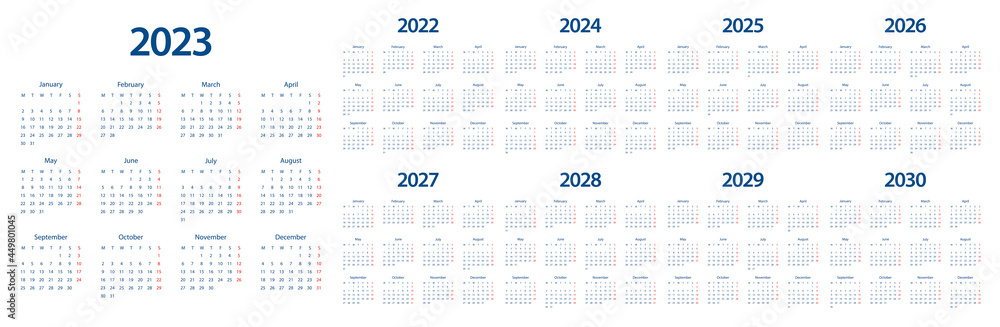 Calendar 2022 2023 2024 2025 2026 2027 2028 2029 2030 week start Monday ...