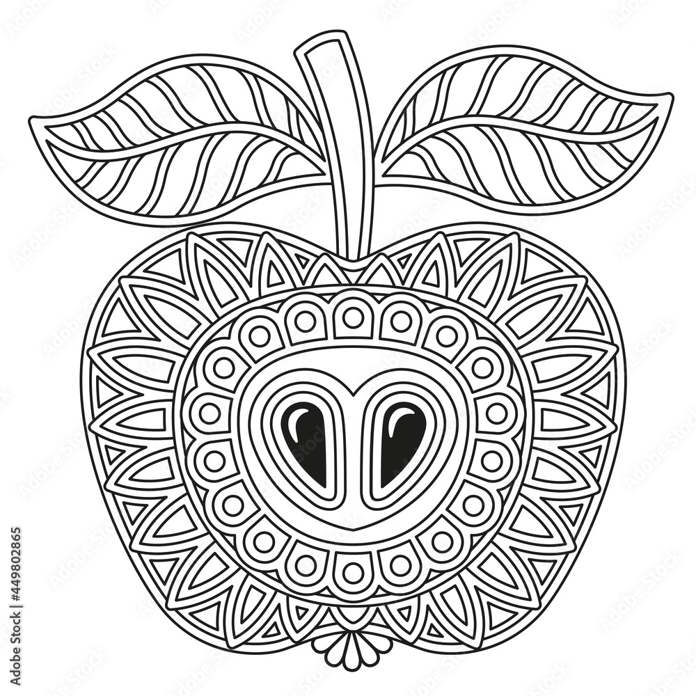 Black and white vector coloring book page for adults. Contour Apple ...