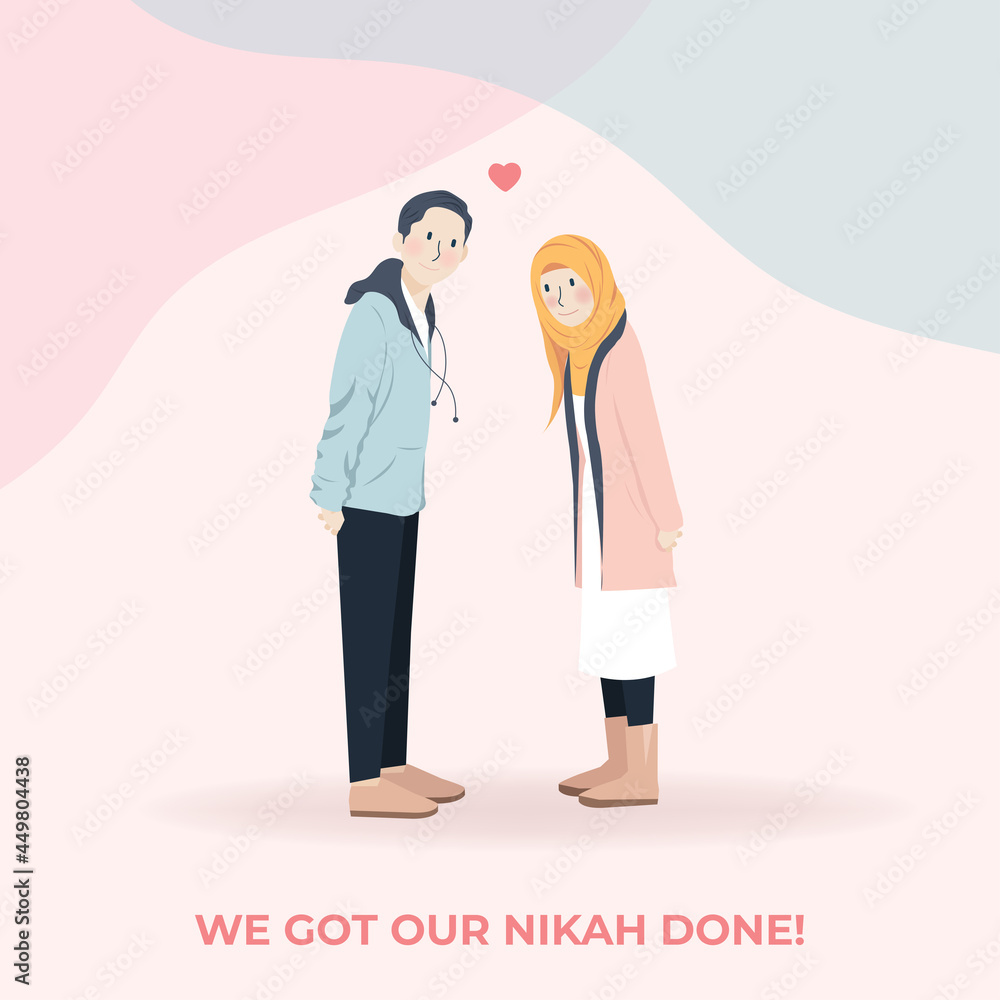 Cute Romantic Muslim Couple Cartoon Character Portrait Illustration ...