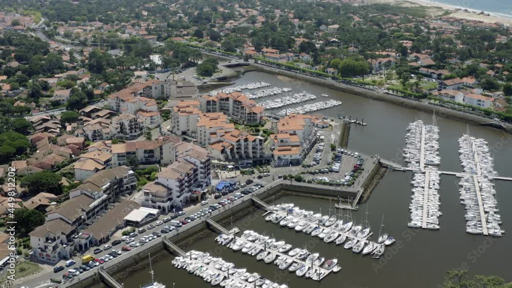 Drone Aerial views of the french harbour town Capbreton in the ...
