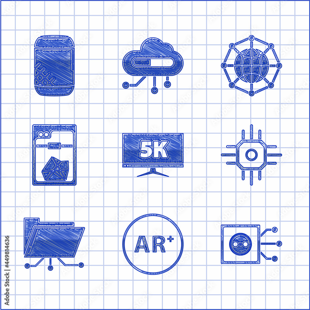 Vetor de Set Monitor display with 5k video, Ar, augmented reality, Remote control, Processor ...