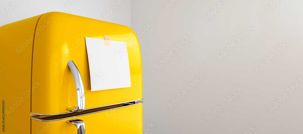blank memo note sticker on yellow refrigerator close up. blank paper ...