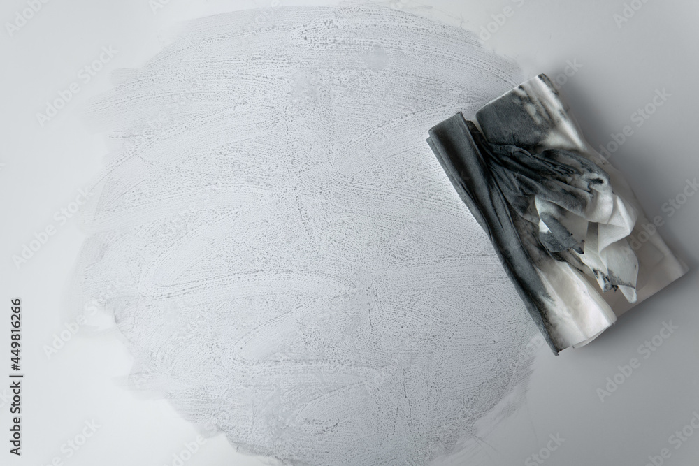 Top down view disinfectant cleaning wipe with round dirty stained ...