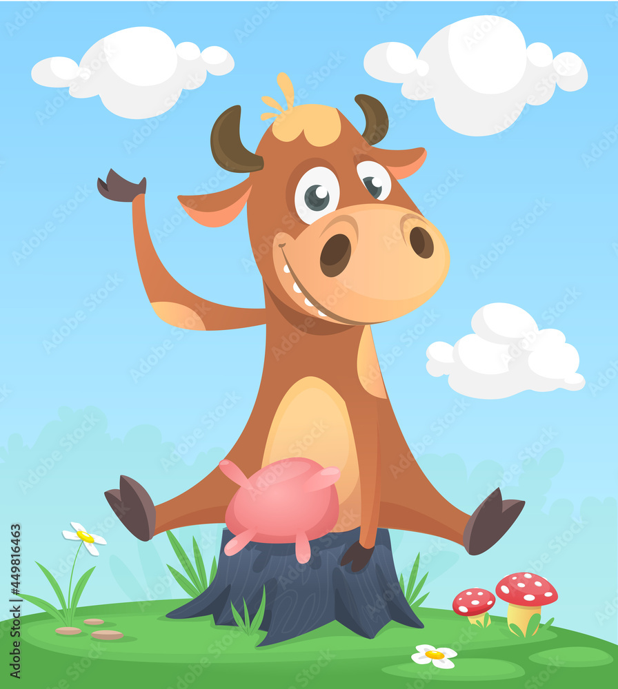 Cartoon funny and happy cow standing on the summer meadow on the tree ...