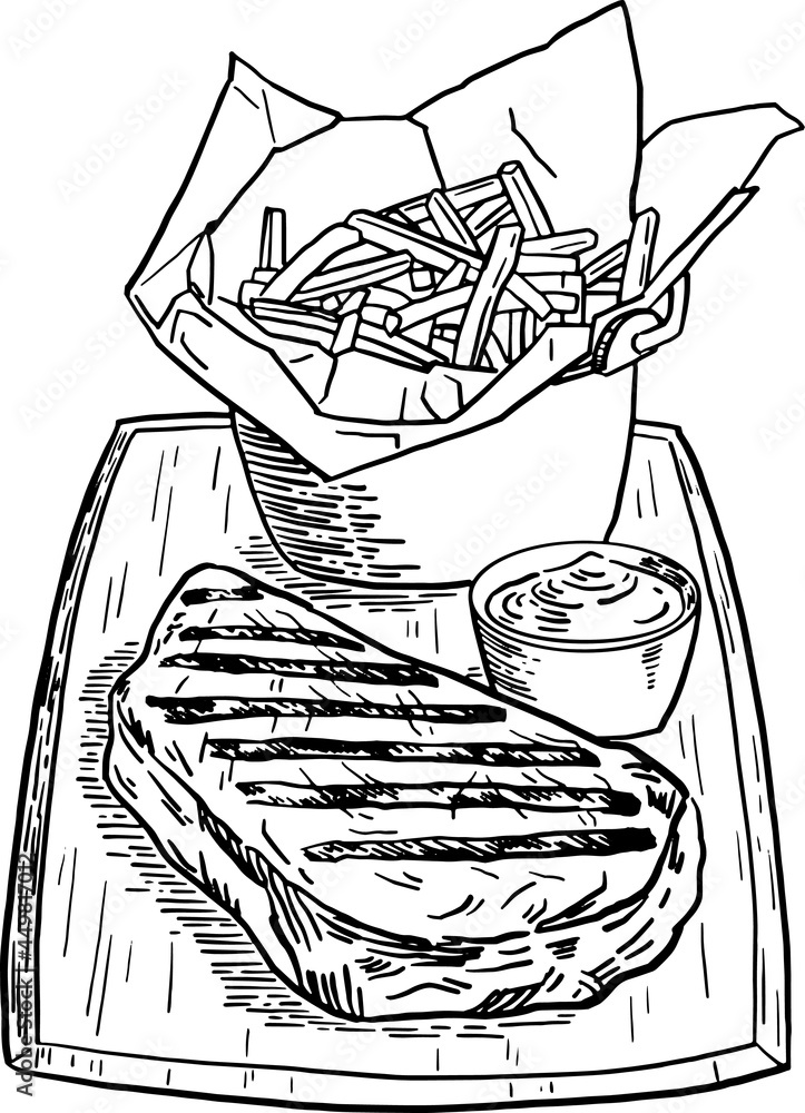 Beef steak Grilled meat slice with potato fried on wooden plate ...