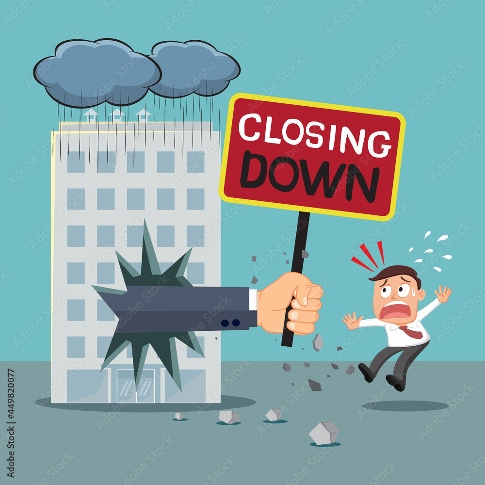 Big hand shows a closing down sign to a businessman, People in ...