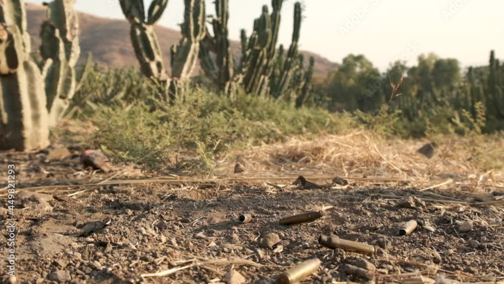 Bullet casings falling to the ground in a cactus field in the desert ...