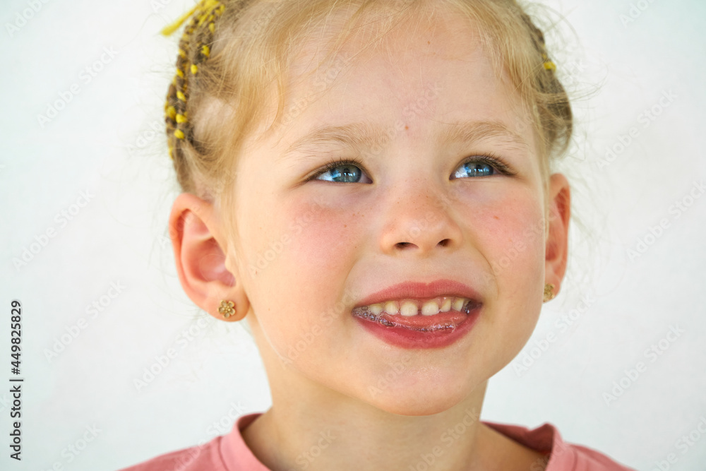 saliva. Drooling on the tongue in kid mouth. Cheerful smile child ...