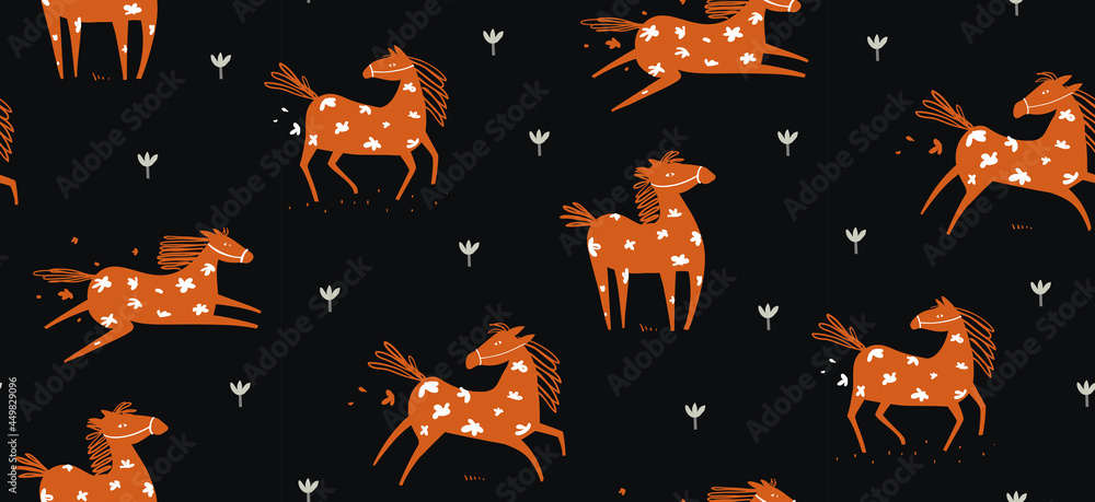 Wild abstract horse seamless pattern, horses running in the field with ...