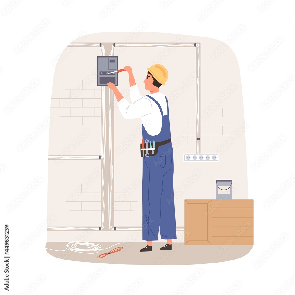 Electrician repairing and installing electrical wiring system. Workman ...