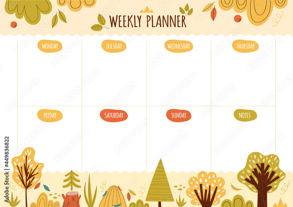 Weekly planner. Schedule design vector template with hand drawn forest ...